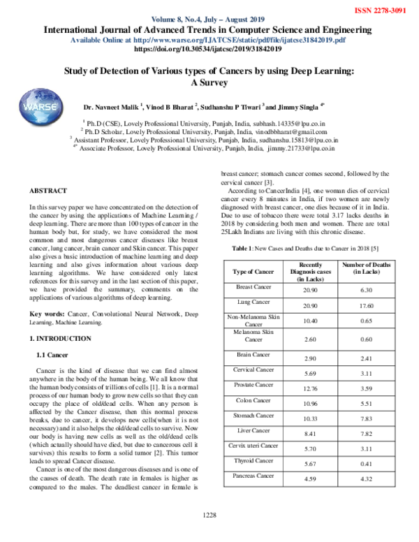 (PDF) Study of Detection of Various types of Cancers by using Deep Learning: A Survey