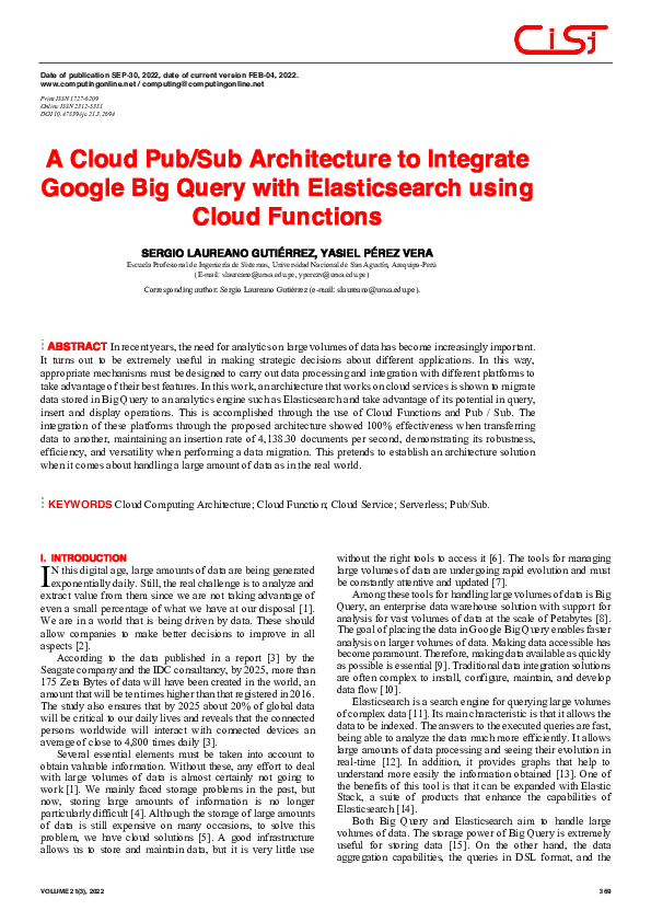 (PDF) A Cloud Pub/Sub Architecture to Integrate Google Big Query with Elasticsearch using Cloud ...