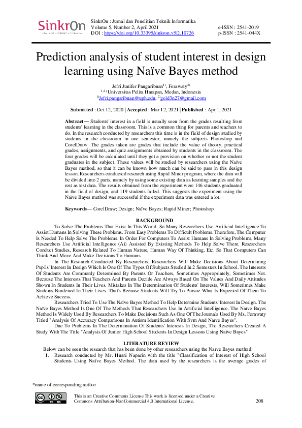 (PDF) Prediction analysis of student interest in design learning using Naïve Bayes method