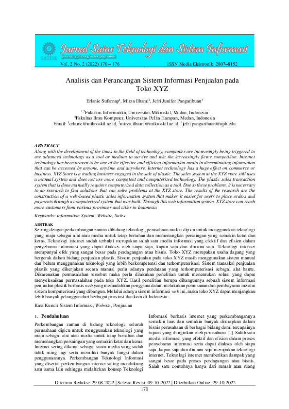 (PDF) Analisis dan Perancangan Sistem Informasi Penjualan pada Toko XYZ