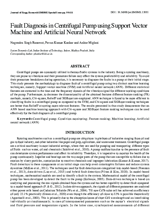 (PDF) Fault Diagnosis in Centrifugal Pump using Support Vector Machine and Artificial Neural Network