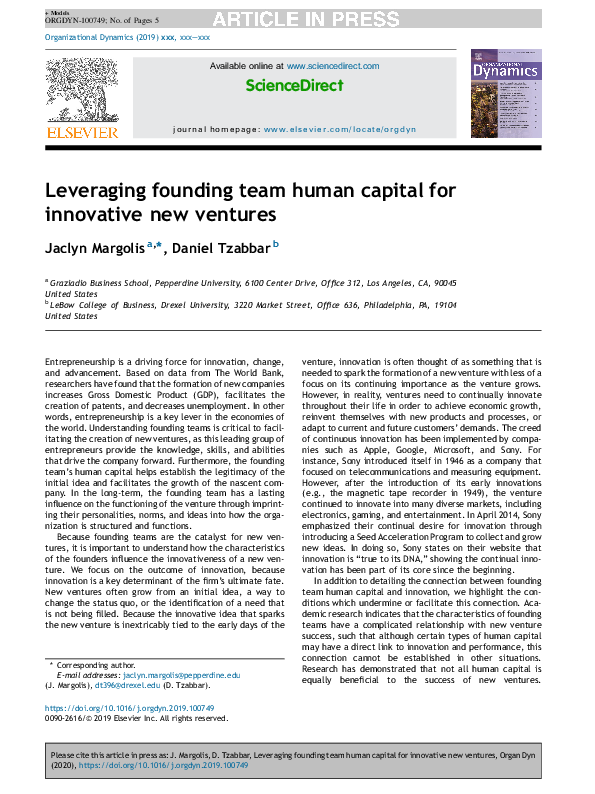 (PDF) Leveraging founding team human capital for innovative new ventures