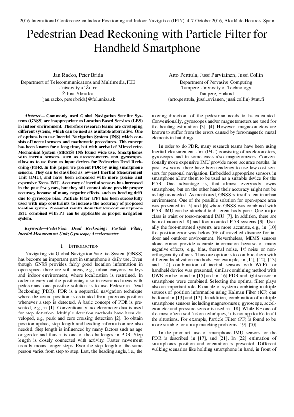 (PDF) Pedestrian Dead Reckoning with Particle Filter for handheld smartphone