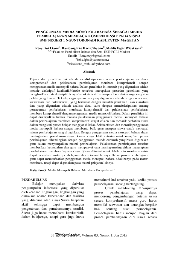 (PDF) Penggunaan Media Monopoli Bahasa Sebagai Media Pembelajaran Membaca Komprehensif Pada ...