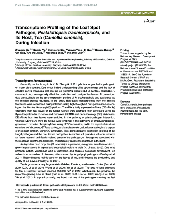 Transcriptome Profiling of the Leaf Spot Pathogen, Pestalotiopsis ...
