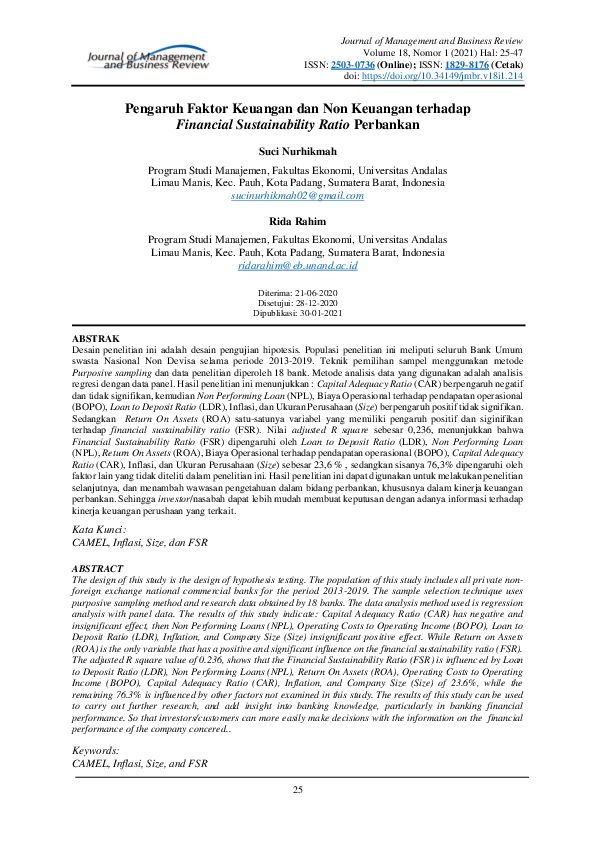 (PDF) Pengaruh Faktor Keuangan dan Non Keuangan terhadap Financial Sustainability Ratio Perbankan