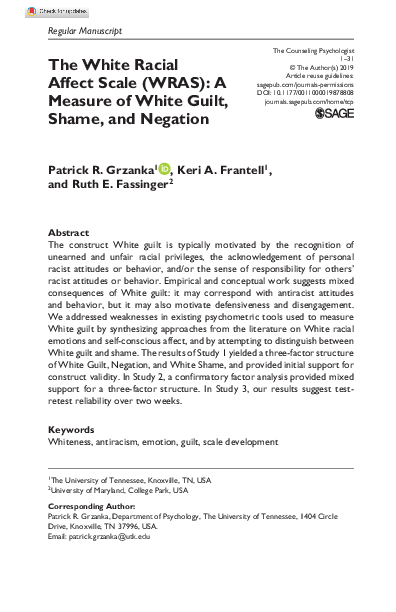 The White Racial Affect Scale (WRAS): A Measure of White Guilt, Shame ...
