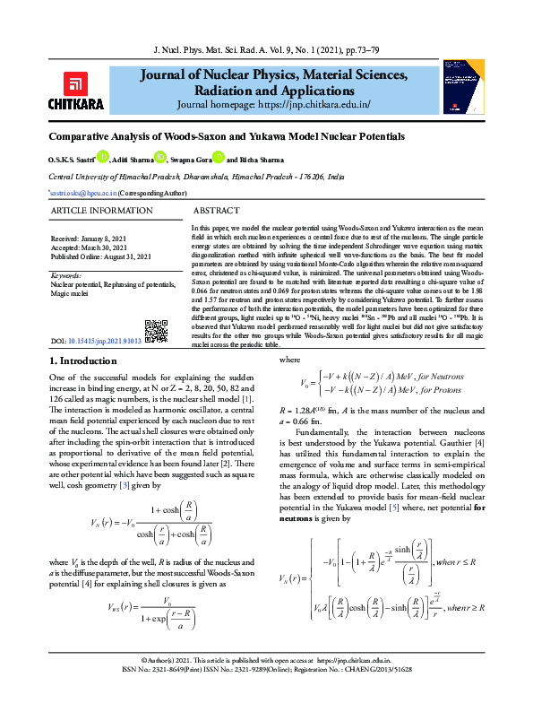 (PDF) Comparative Analysis of Woods-Saxon and Yukawa Model Nuclear Potentials
