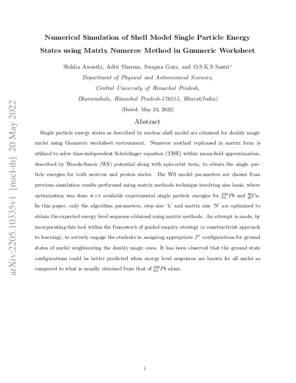 Pdf Numerical Simulation Of Shell Model Single Particle Energy States Using Matrix Numerov