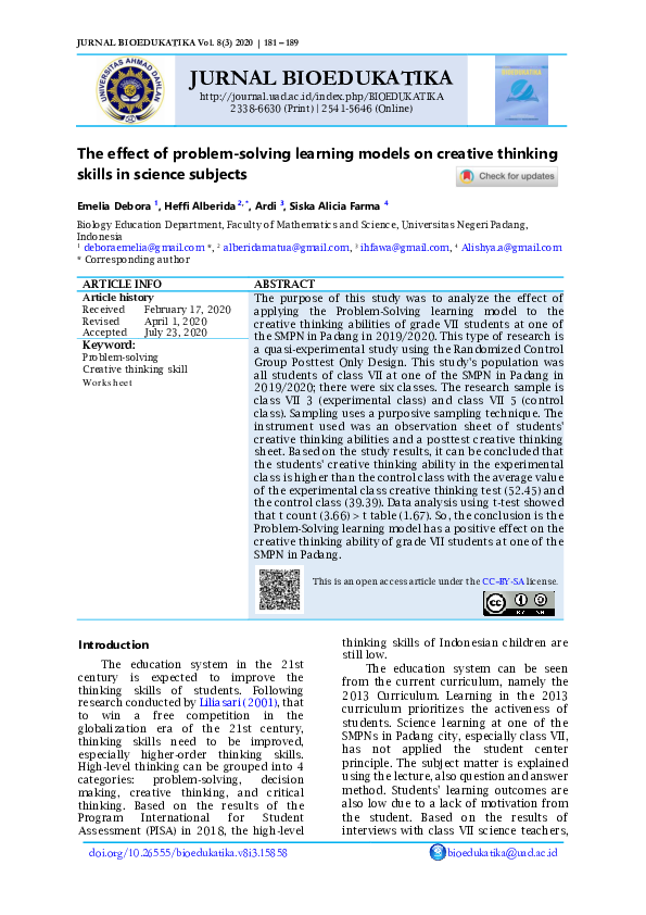 (PDF) The effect of problem-solving learning models on creative ...