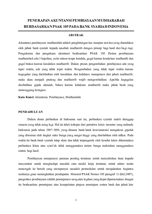 (PDF) PENERAPAN AKUNTANSI PEMBIAYAAN MUDHARABAH BERDASARKAN PSAK 105 PADA BANK SYARIAH INDONESIA