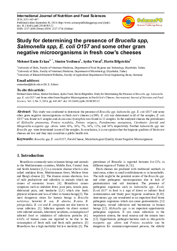 (PDF) Study for Determining the Presence of Brucella spp, Salmonella spp, E. coli O157 and Some ...