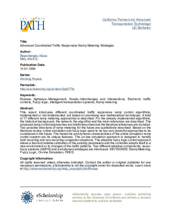 Pdf Advanced Coordinated Traffic Responsive Ramp Metering Strategies