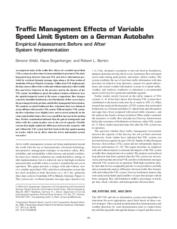 Pdf Traffic Management Effects Of Variable Speed Limit System On A German Autobahn