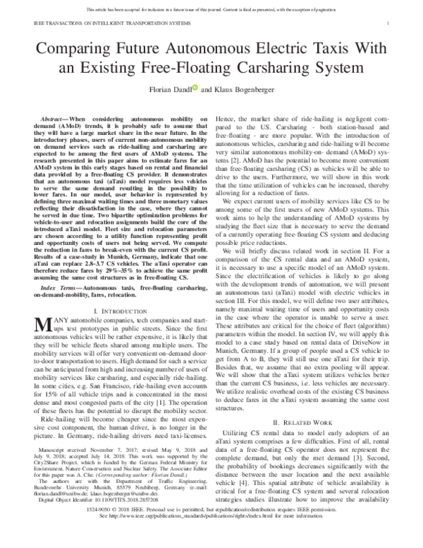 Pdf Comparing Future Autonomous Electric Taxis With An Existing Free Floating Carsharing System