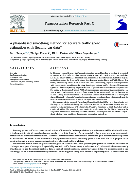 Pdf A Phase Based Smoothing Method For Accurate Traffic Speed Estimation With Floating Car Data
