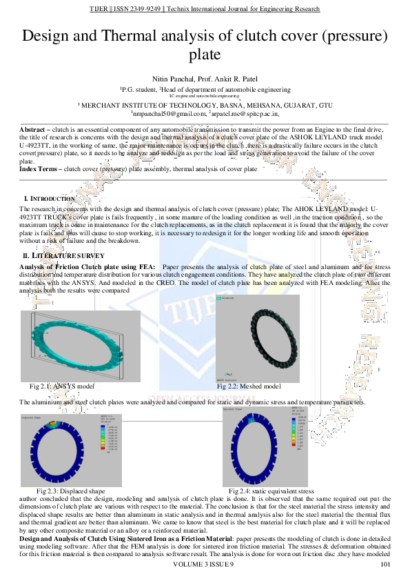 (PDF) Design and Thermal analysis of clutch cover (pressure) plate ...