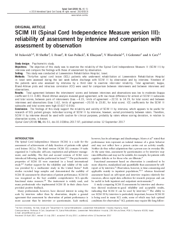 (PDF) SCIM III (Spinal Cord Independence Measure version III): reliability of assessment by ...