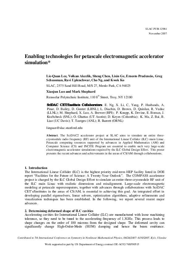 (PDF) Enabling technologies for petascale electromagnetic accelerator simulation