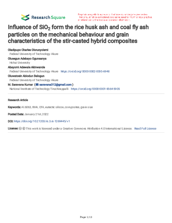 (PDF) Influence of SiO2 form the rice husk ash and coal fly ash ...