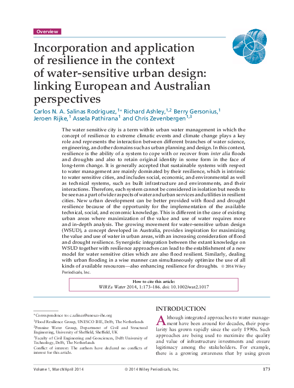 (PDF) Incorporation and application of resilience in the context of water‐sensitive urban design ...