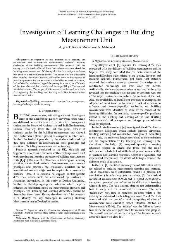(PDF) Investigation of Learning Challenges in Building Measurement Unit