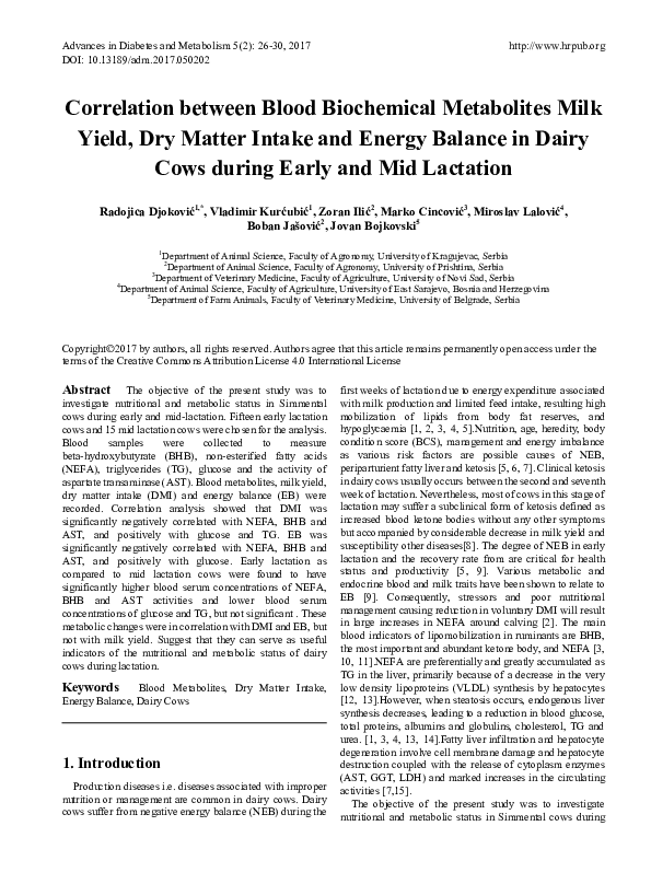(PDF) Correlation between Blood Biochemical Metabolites Milk Yield, Dry ...