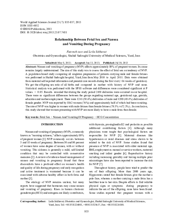 Pdf Relationship Between Fetal Sex And Nausea And Vomiting During Pregnancy