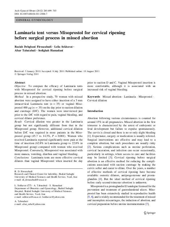 (PDF) Laminaria tent versus Misoprostol for cervical ripening before surgical process in missed ...