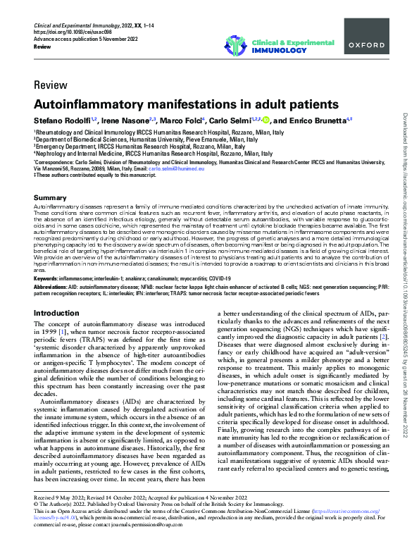 (PDF) Autoinflammatory manifestations in adult patients