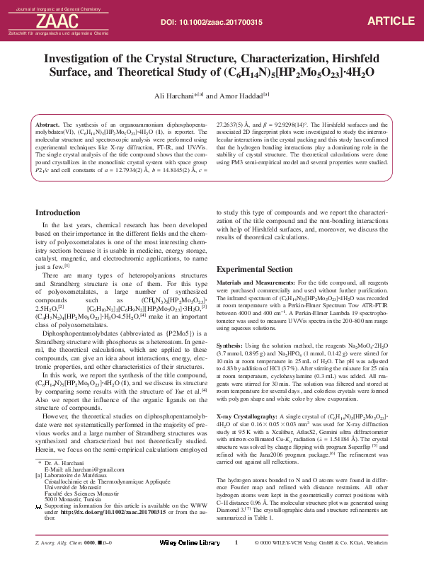 (PDF) Investigation of the Crystal Structure, Characterization, Hirshfeld Surface, and ...