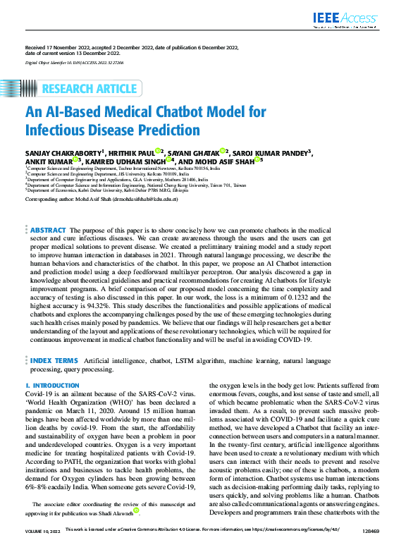 (PDF) An AI-Based Medical Chatbot Model for Infectious Disease Prediction