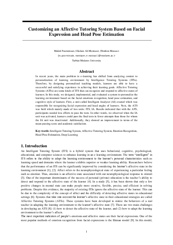 Pdf Customizing An Affective Tutoring System Based On Facial Expression And Head Pose Estimation
