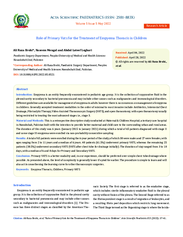Pdf Role Of Primary Vats For The Treatment Of Empyema Thoracis In