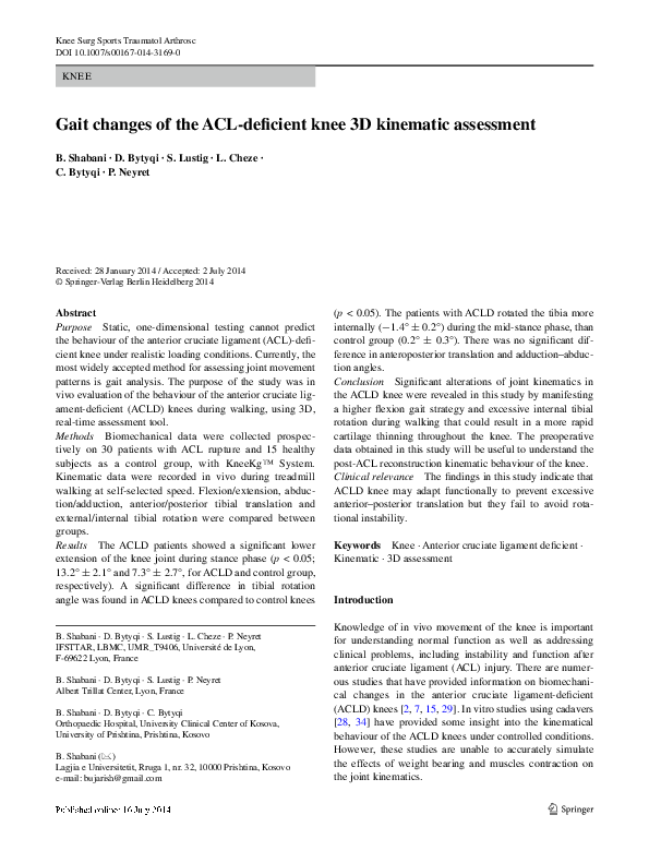 (PDF) Gait changes of the ACL-deficient knee 3D kinematic assessment