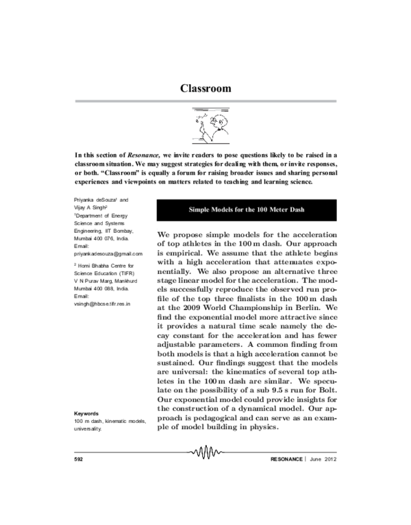 (PDF) Simple models for the 100 meter dash