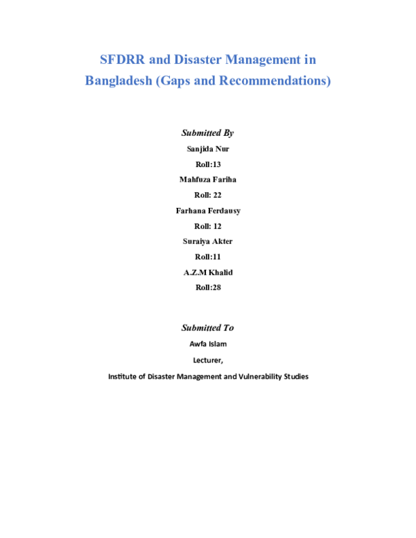 (DOC) SFDRR and Disaster Management in Bangladesh Gaps and Recommendation