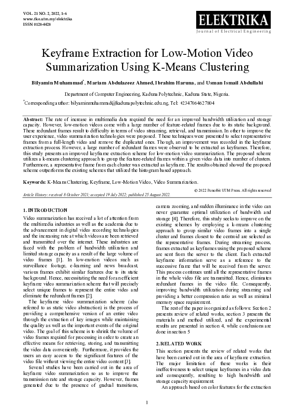 (PDF) Keyframe Extraction for Low-Motion Video Summarization Using K-Means Clustering