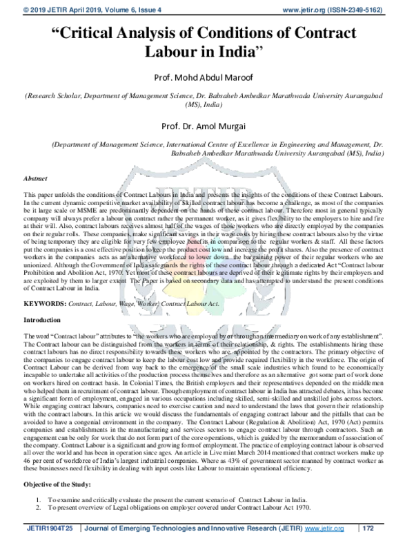 (PDF) "Critical Analysis of Conditions of Contract Labour in India"