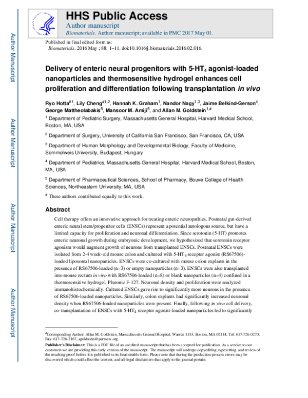 (PDF) Delivery of enteric neural progenitors with 5-HT4 agonist-loaded nanoparticles and ...