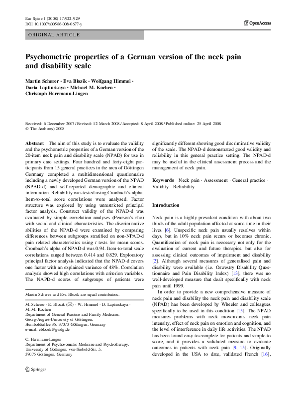(PDF) Psychometric properties of a German version of the neck pain and ...