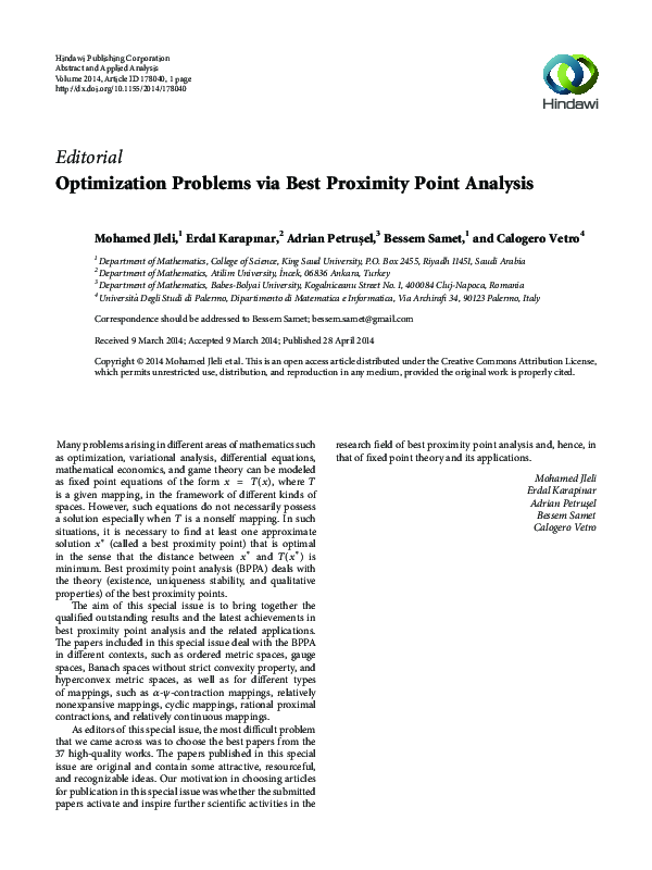 (PDF) Optimization Problems via Best Proximity Point Analysis