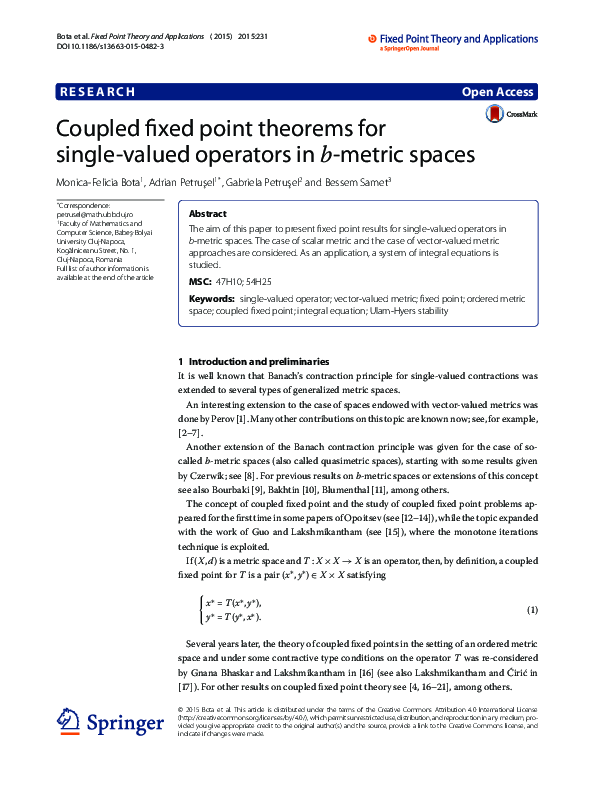 Pdf Coupled Fixed Point Theorems For Single Valued Operators In B Metric Spaces