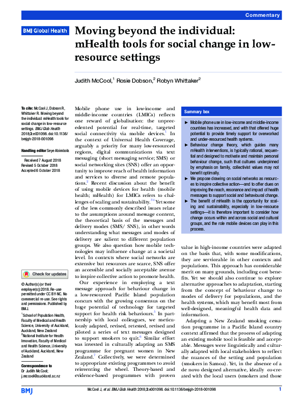 (PDF) Moving beyond the individual: mHealth tools for social change in ...