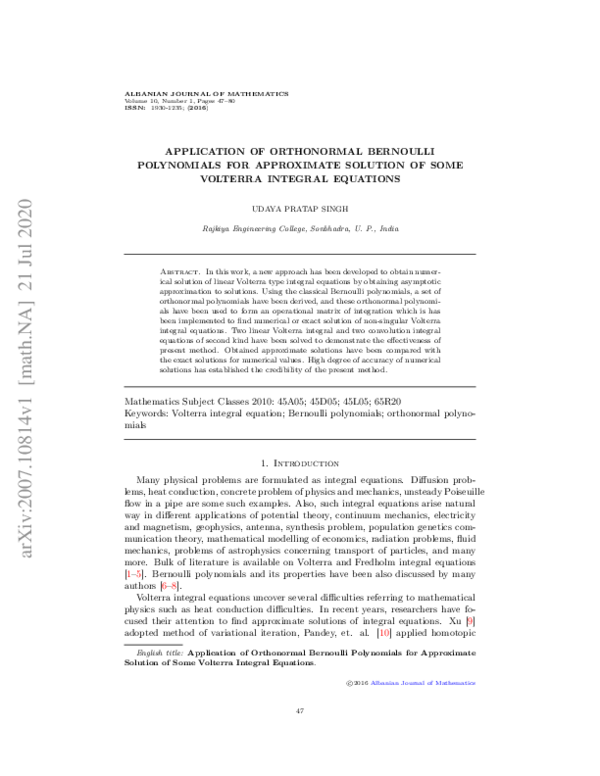 Pdf Application Of Orthonormal Bernoulli Polynomials For Approximate Solution Of Some Volterra