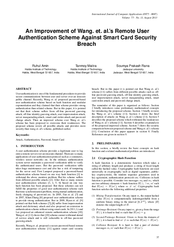 Pdf An Improvement Of Wang Et Al S Remote User Authentication Scheme Against Smart Card 