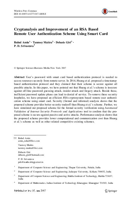 (PDF) Cryptanalysis and Improvement of an RSA Based Remote User Authentication Scheme Using ...