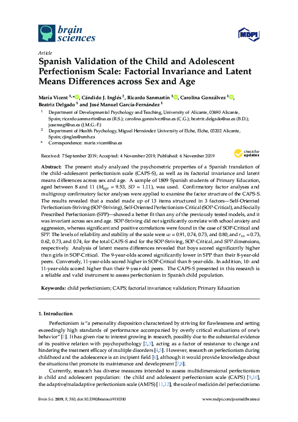 (PDF) Spanish Validation of the Child and Adolescent Perfectionism Scale: Factorial Invariance ...