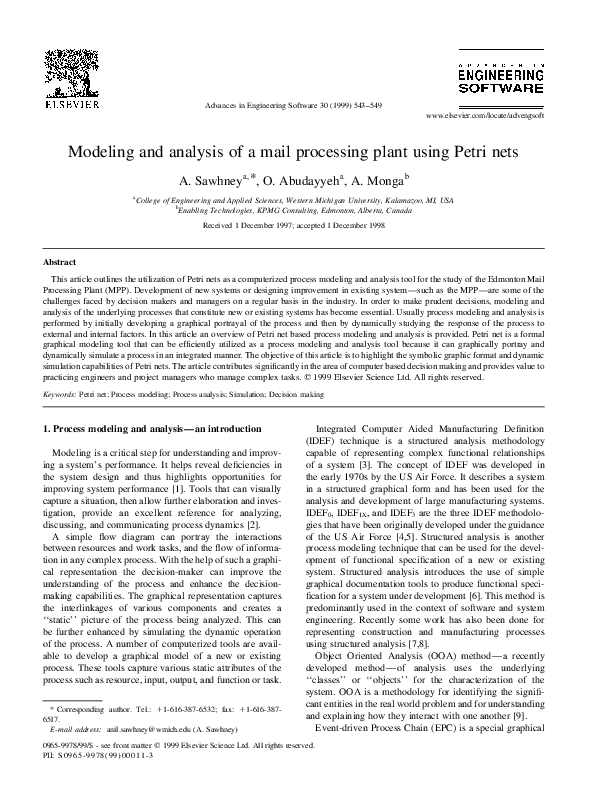 (PDF) Modeling and analysis of a mail processing plant using Petri nets