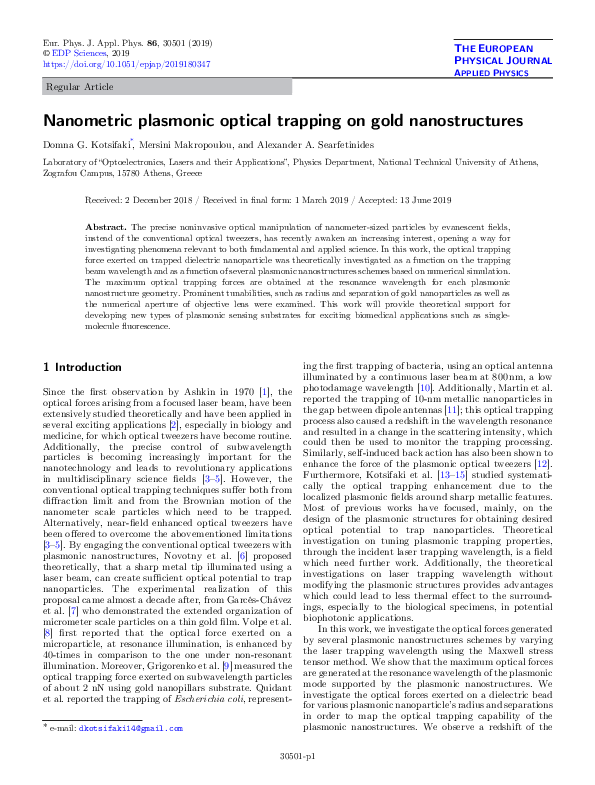 (PDF) Nanometric plasmonic optical trapping on gold nanostructures